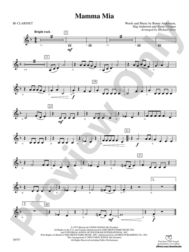 Mamma Mia: 1st B-flat Clarinet: 1st B-flat Clarinet Part - Digital ...