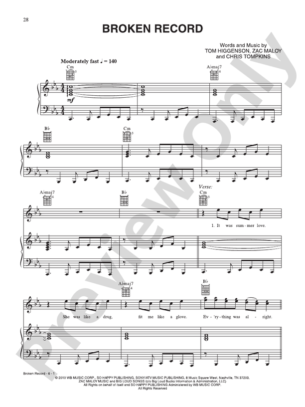 Broken Record: Piano/Vocal/Guitar: Plain White T's - Digital Sheet ...