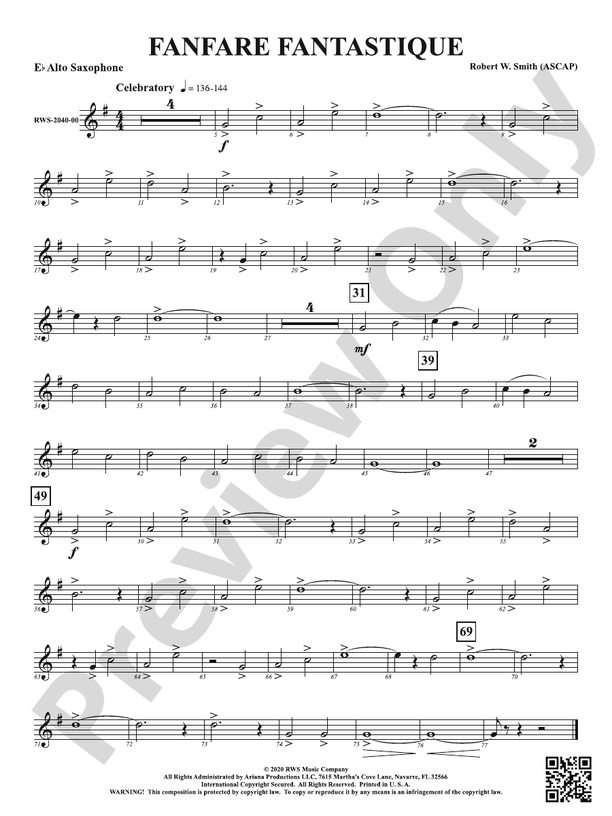 Fanfare Fantastique: 1st E-flat Alto Saxophone: 1st E-flat Alto Saxophone Part: Robert W. Smith ...