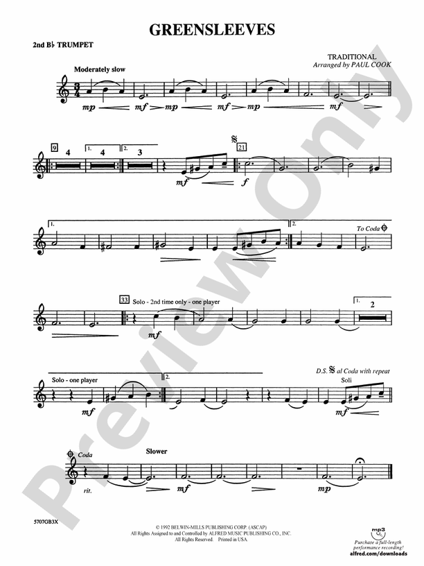 Greensleeves: 2nd B-flat Trumpet: 2nd B-flat Trumpet Part - Digital Sheet Music Download