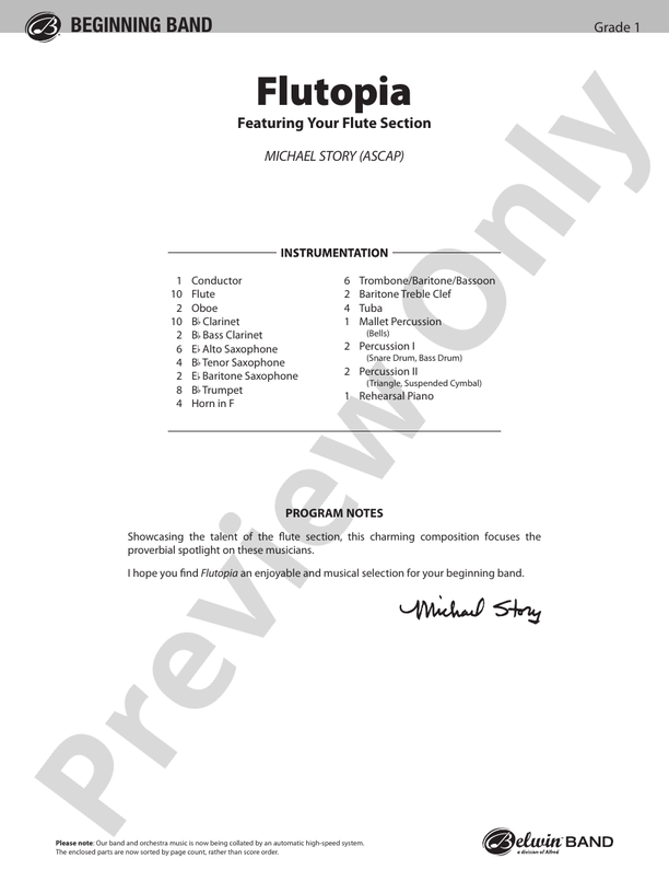 Flutopia (featuring your Flute Section): Concert Band Conductor Score & Parts: Michael Story ...