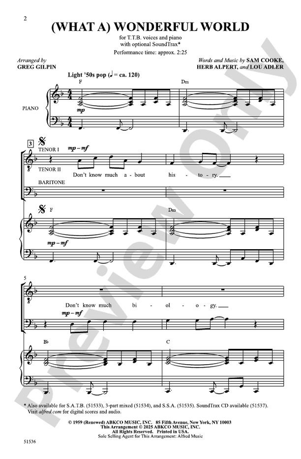 (What a) Wonderful World: TTB Choral Octavo: Sam Cooke - Digital Sheet ...