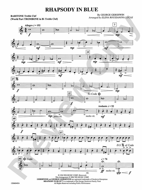 Rhapsody in Blue™: Baritone T.C.: Baritone T.C. Part - Digital Sheet ...