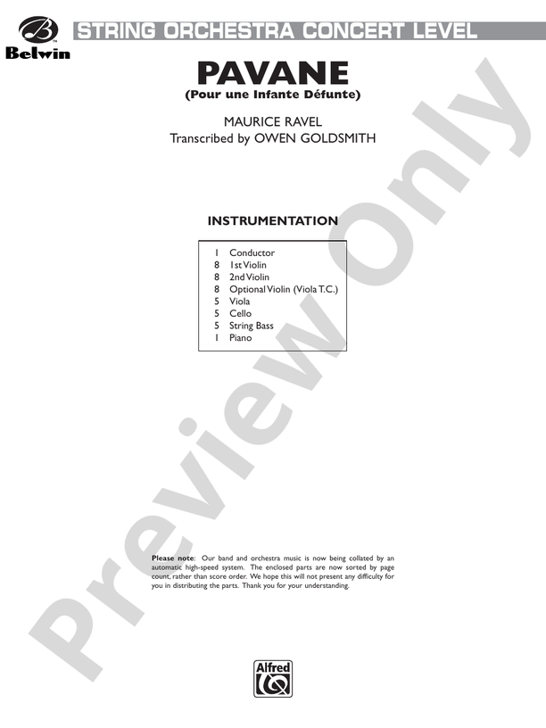 Pavane: String Orchestra Conductor Score & Parts: Maurice Ravel ...