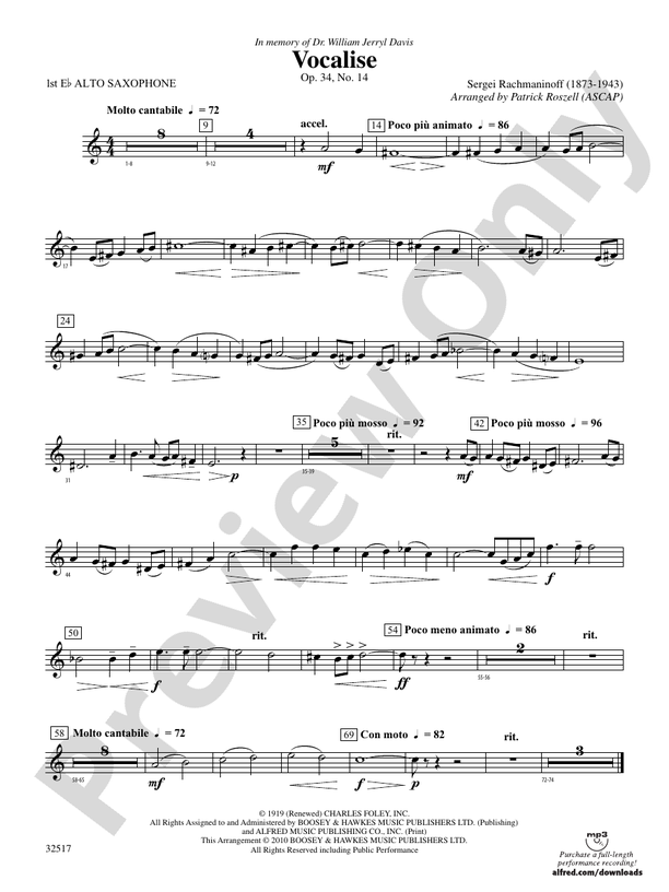 Vocalise, Op. 34, No. 14: E-flat Alto Saxophone: E-flat Alto Saxophone ...