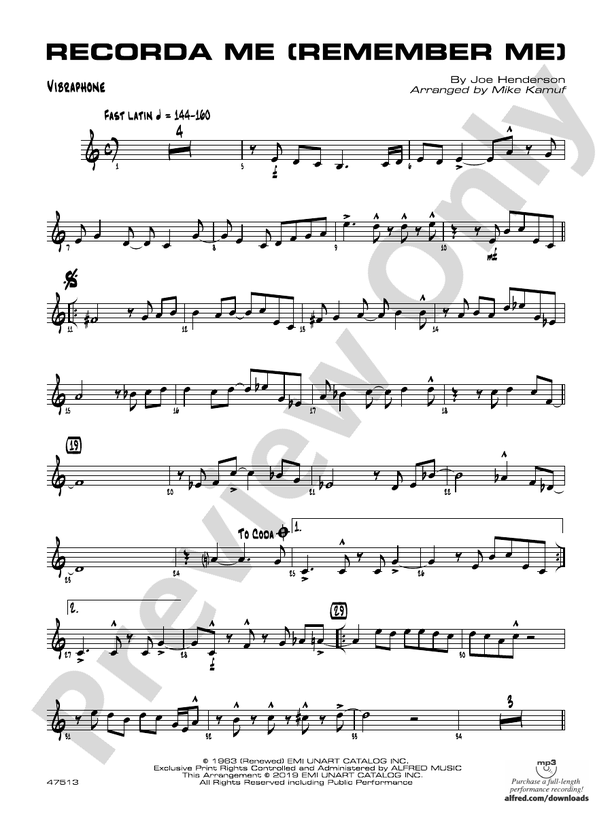 Recorda Me: Vibraphone: Vibraphone Part - Digital Sheet Music Download
