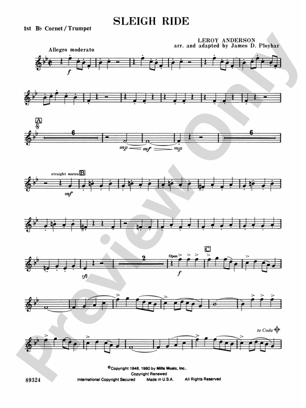 Sleigh Ride: 1st B-flat Cornet: 1st B-flat Cornet Part - Digital Sheet Music Download