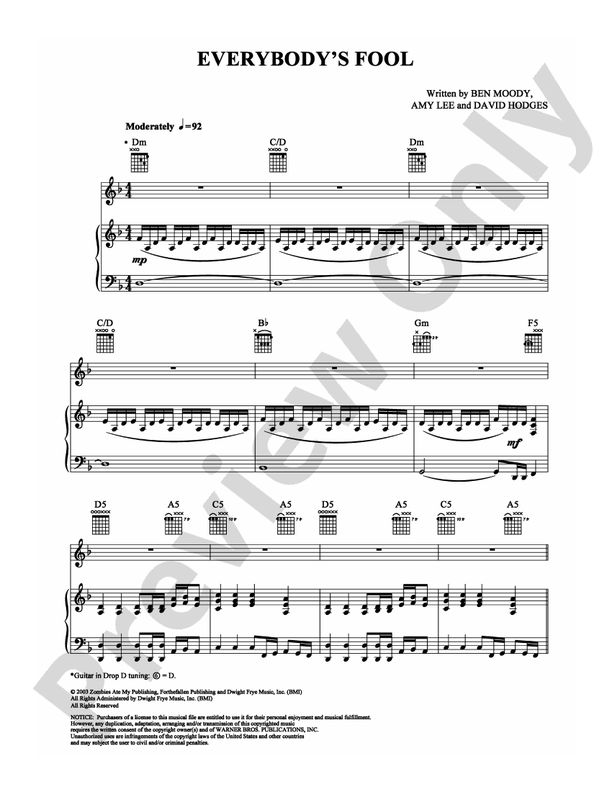Everybody's Fool: Piano/Vocal/Chords: Evanescence - Digital Sheet Music ...