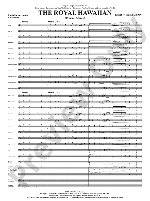 The Royal Hawaiian - Concert March: Concert Band Conductor Score & Parts: Robert W. Smith ...