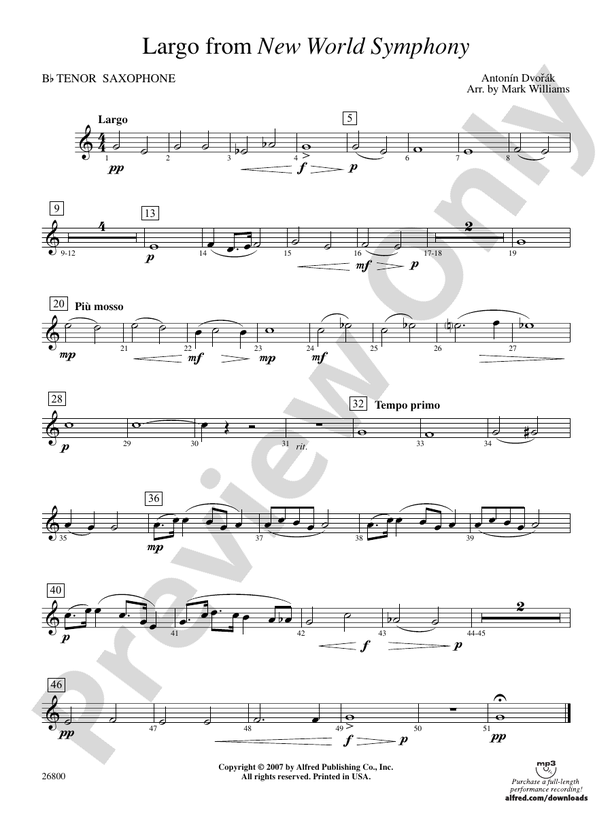 Largo from New World Symphony: B-flat Tenor Saxophone: B-flat Tenor ...