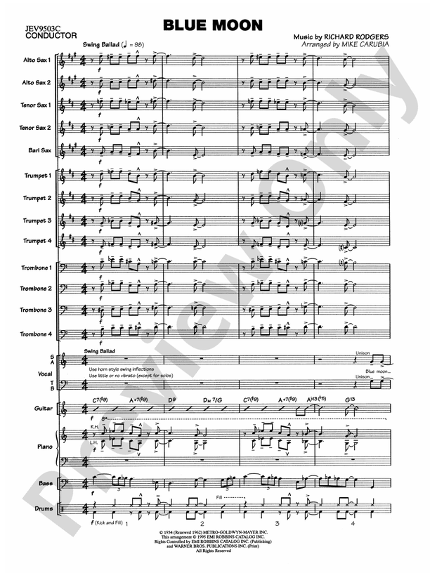 Blue Moon: Vocal Solo with Jazz Ensemble Conductor Score & Parts ...