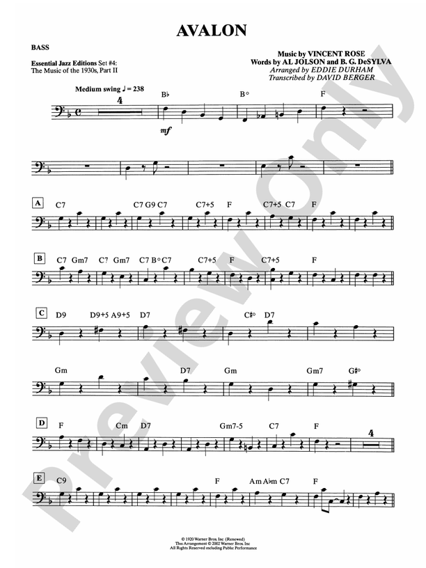 Avalon: String Bass: String Bass Part - Digital Sheet Music Download