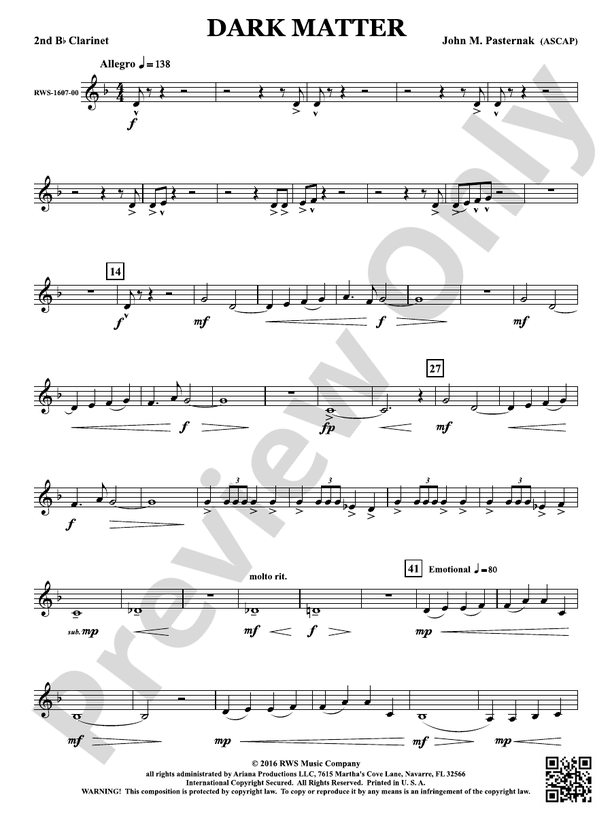 Dark Matter: 2nd B-flat Clarinet: 2nd B-flat Clarinet Part: John M ...