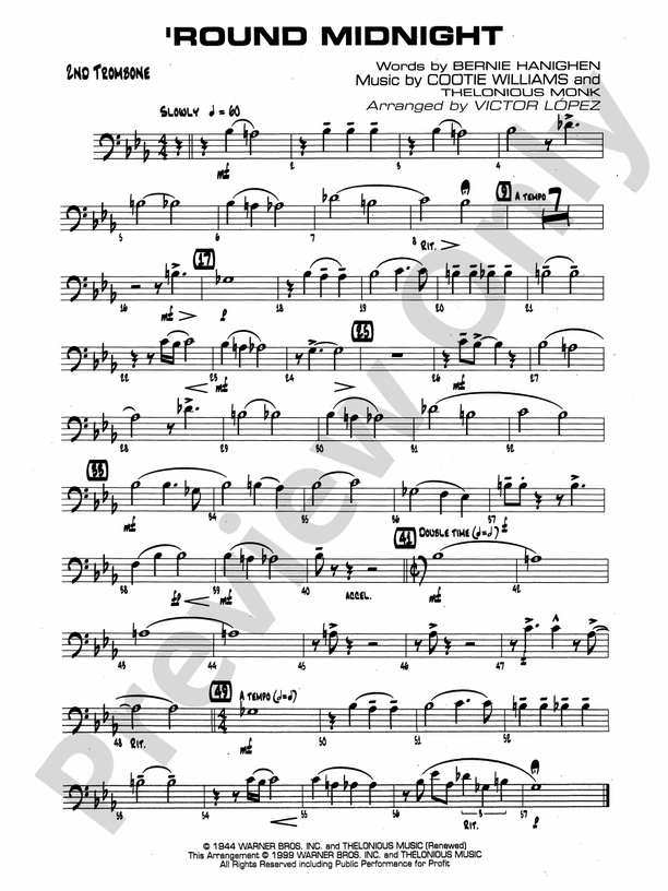 'Round Midnight: 2nd Trombone: 2nd Trombone Part - Digital Sheet Music Download