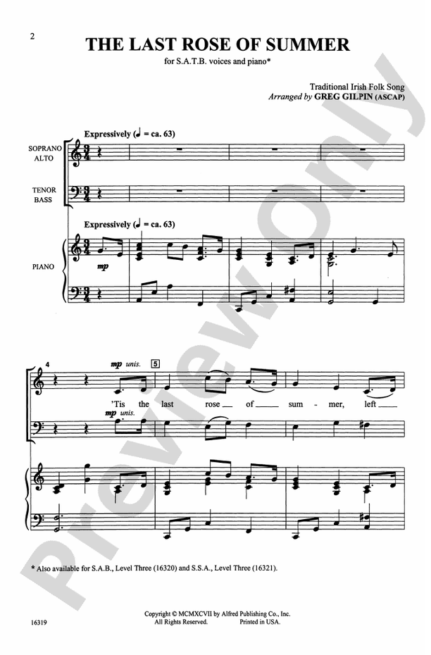 The Last Rose of Summer: SATB Choral Octavo - Digital Sheet Music Download
