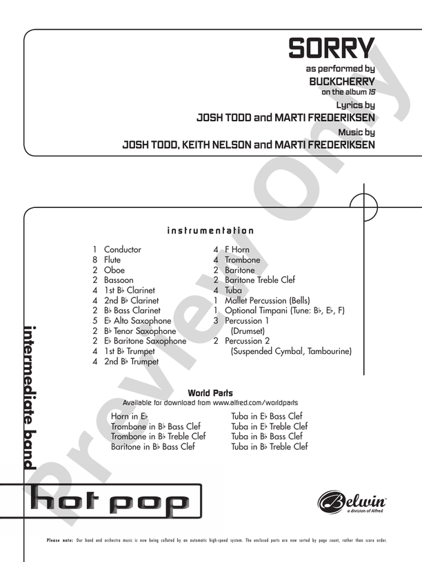 Sorry: Concert Band Conductor Score & Parts: Buckcherry - Digital Sheet ...