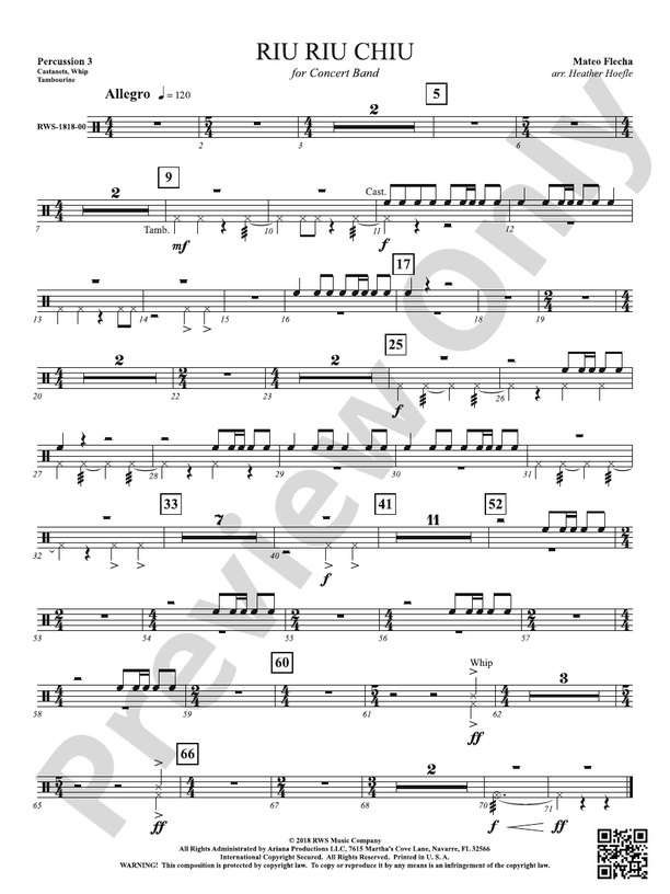 Riu Riu Chiu: 3rd Percussion: 3rd Percussion Part - Digital Sheet Music ...