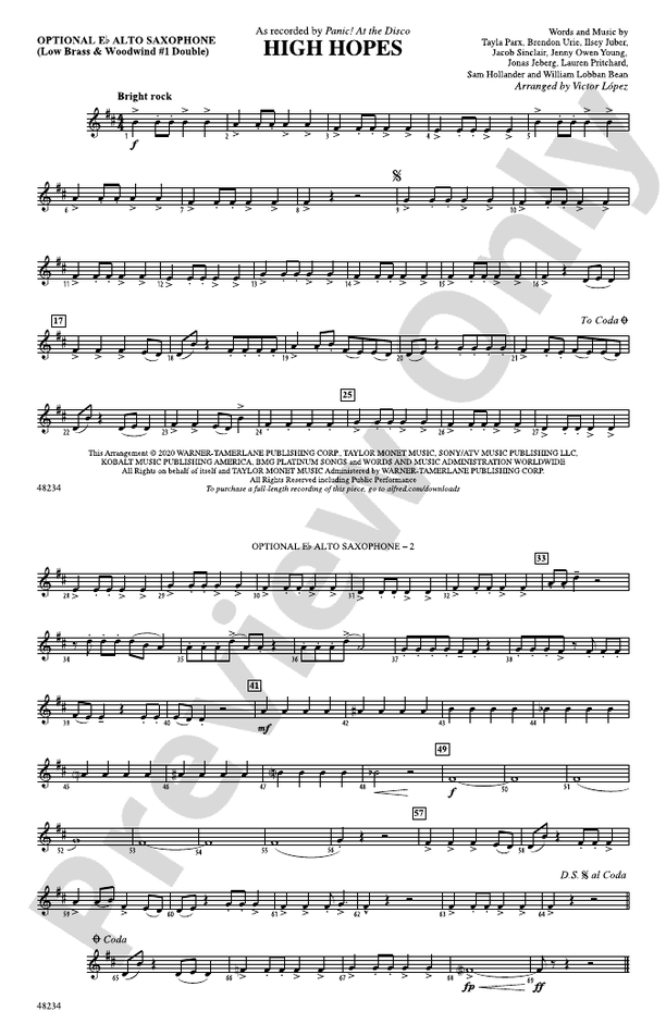 High Hopes: Optional Alto Sax: Optional Alto Sax Part - Digital Sheet ...