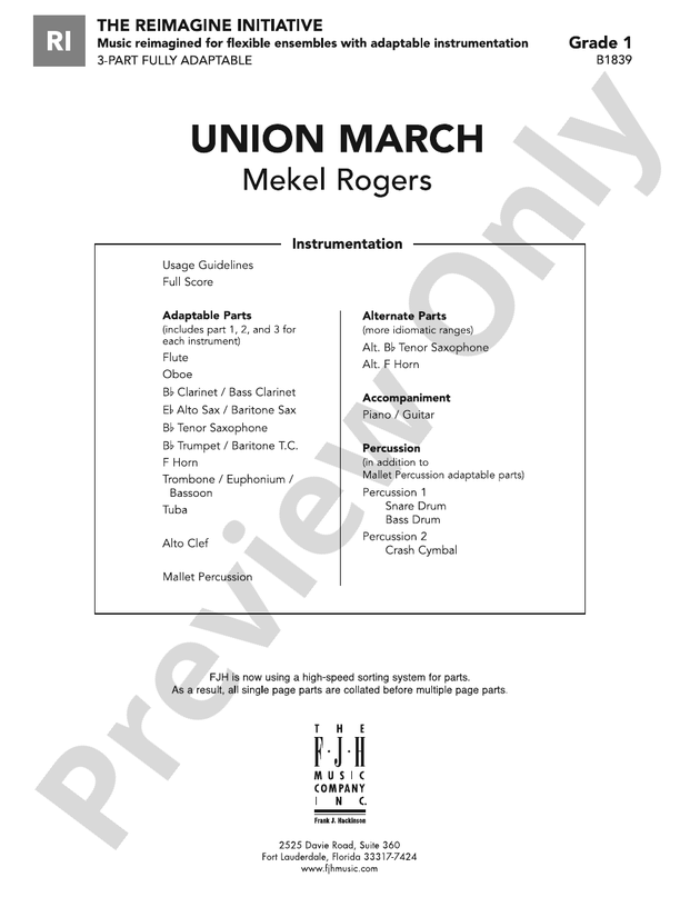 Union March: Score: 3-Part Fully Adaptable with Percussion Score: Mekel ...
