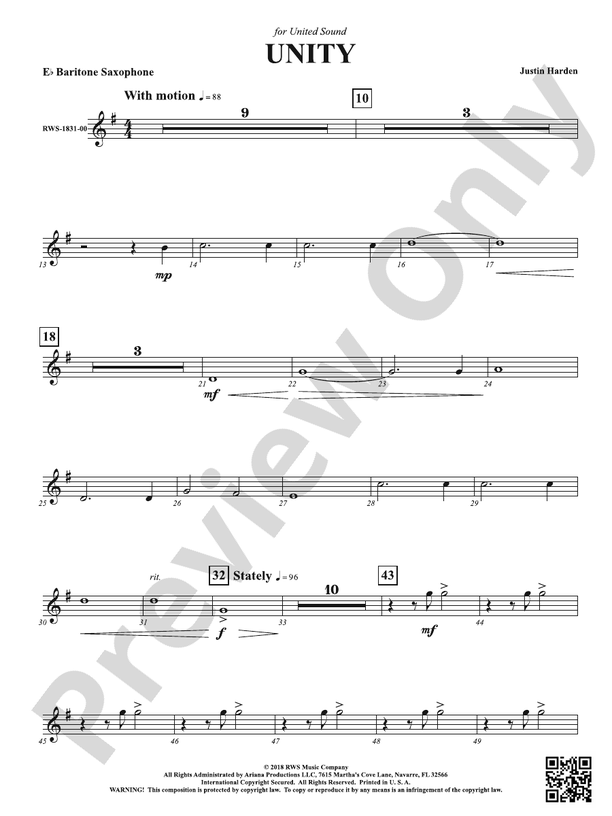 Unity: E-flat Baritone Saxophone: E-flat Baritone Saxophone Part: Justin Harden - Digital Sheet ...