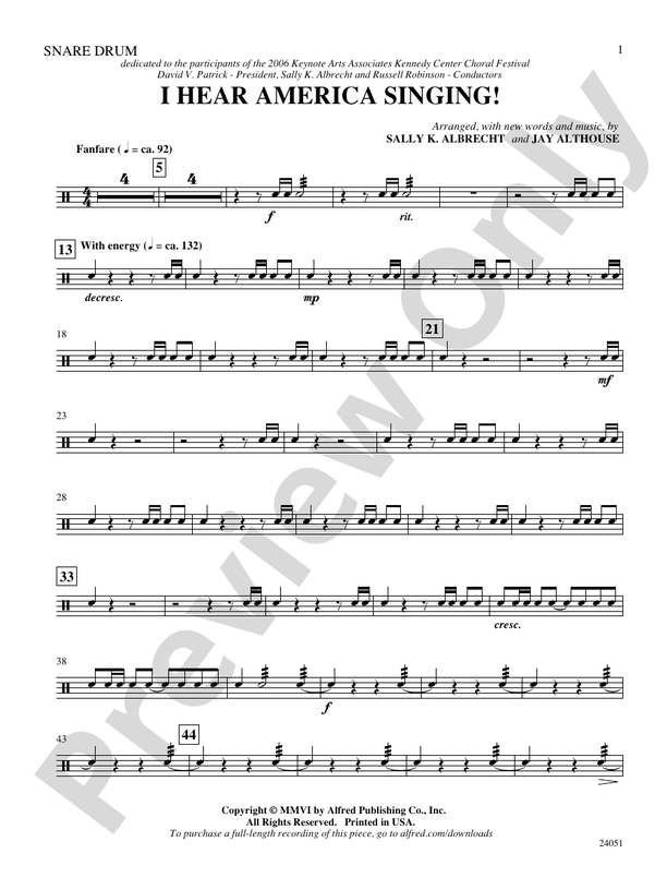 I Hear America Singing!: Snare Drum: Snare Drum Part - Digital Sheet ...