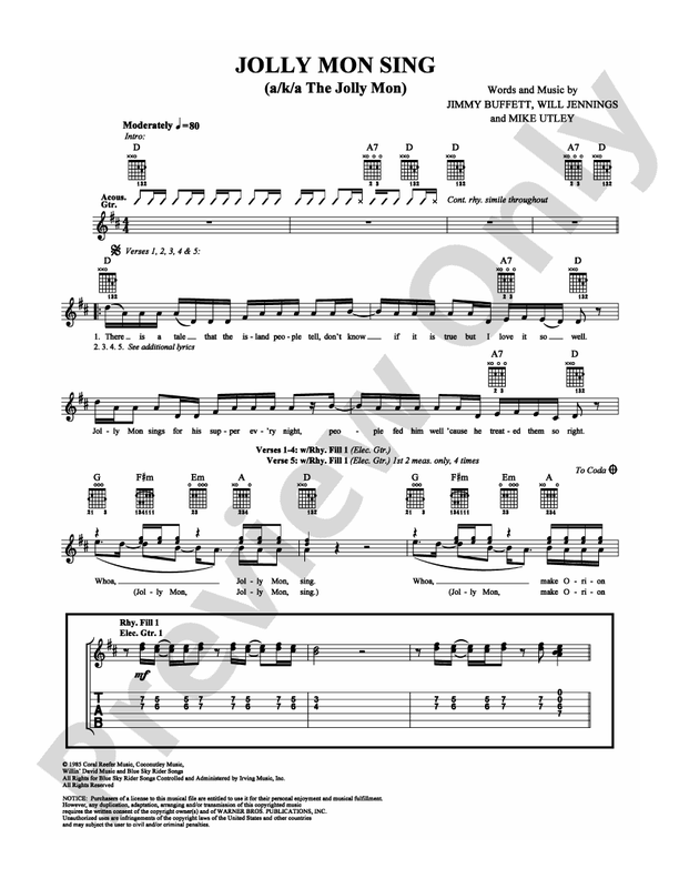 Jolly Mon Sing: Guitar TAB: Jimmy Buffett - Digital Sheet Music Download