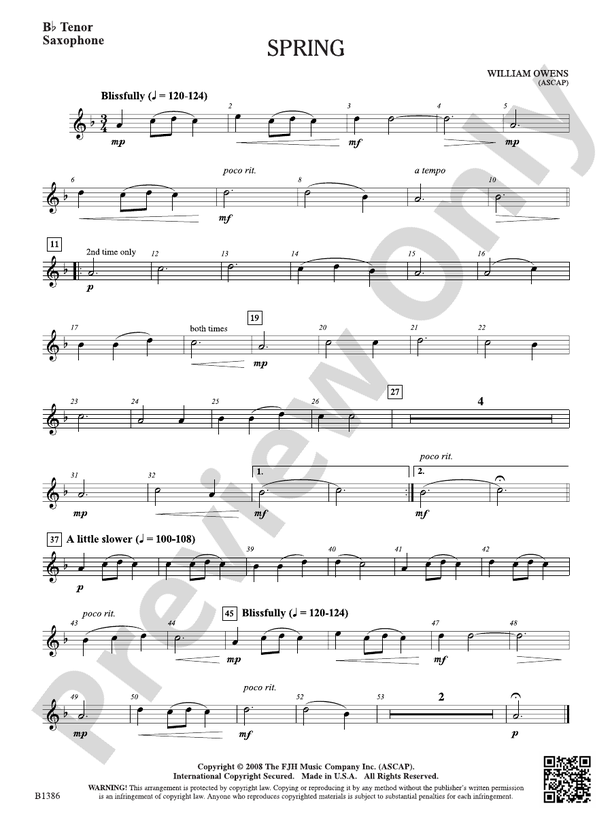Spring: B-flat Tenor Saxophone: B-flat Tenor Saxophone Part: William ...
