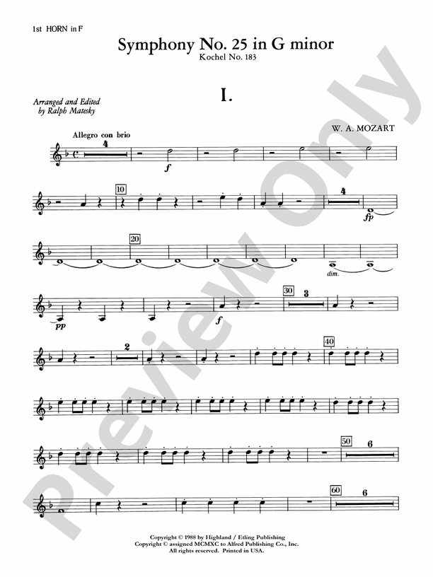Mozart's Symphony No. 25 in G Minor, 1st & 2nd Movements: 1st F Horn: 1st F Horn Part - Digital ...