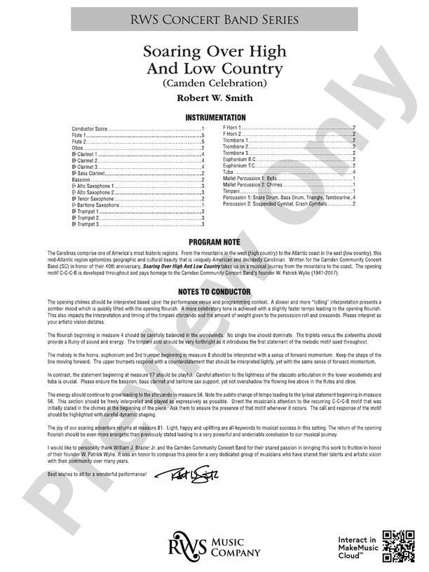 Soaring Over High and Low Country - Camden Celebration: Concert Band Conductor Score & Parts ...