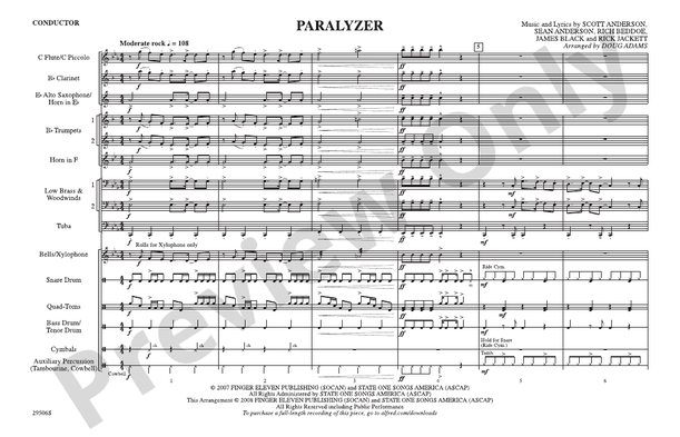 Paralyzer: Marching Band Conductor Score & Parts: Finger Eleven ...