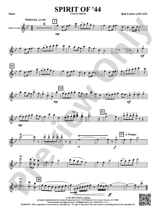 Spirit Of '44 - Concert March: 1st Flute: 1st Flute Part: Bob Cotter ...