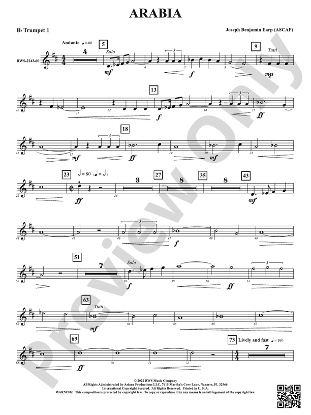 Arabia: 1st B-flat Trumpet: 1st B-flat Trumpet Part: Joseph Benjamin Earp - Digital Sheet Music ...