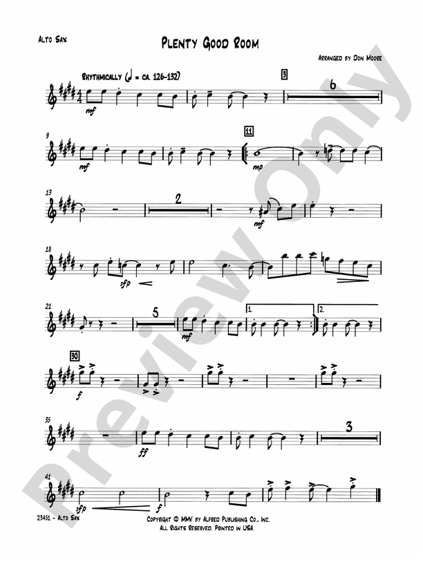 Plenty Good Room: E-flat Alto Saxophone: E-flat Alto Saxophone Part - Digital Sheet Music Download