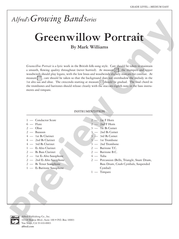 Greenwillow Portrait: Score: Concert Band Score - Digital Sheet Music ...