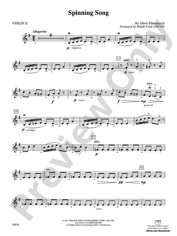 Spinning Song: 2nd Violin: 2nd Violin Part - Digital Sheet Music Download