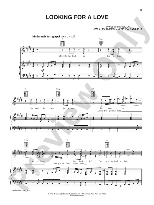 Looking for a Love: Piano/Vocal/Chords: J.W. Alexander - Digital Sheet ...