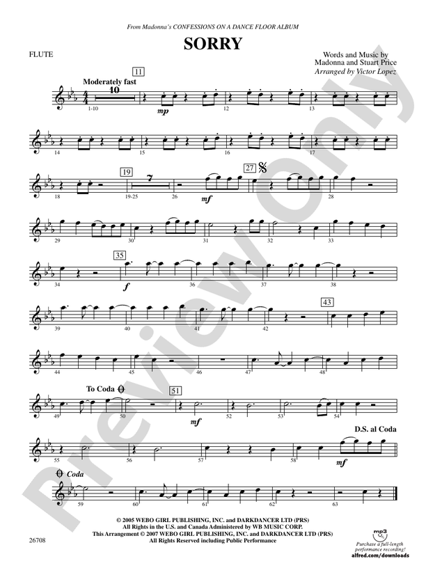 Sorry: Flute: Flute Part - Digital Sheet Music Download