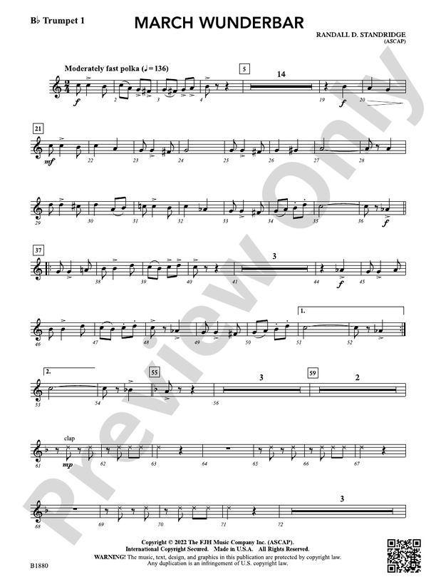 March Wunderbar: B-flat Trumpet 1: B-flat Trumpet 1 Part: Randall D ...