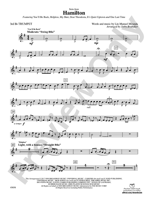 Hamilton, Suite from: 3rd B-flat Trumpet: 3rd B-flat Trumpet Part ...