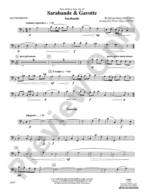 Sarabande & Gavotte (from the Holberg Suite, Op. 40): 2nd Trombone: 2nd Trombone Part - Digital ...