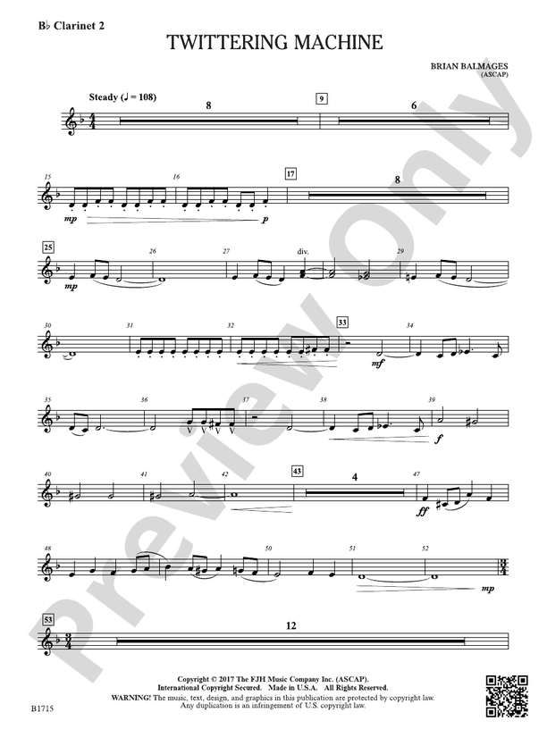 Twittering Machine: B-flat Clarinet 2: B-flat Clarinet 2 Part: Brian ...