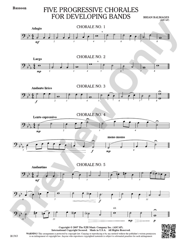 Five Progressive Chorales for Developing Bands: Bassoon: Bassoon Part ...