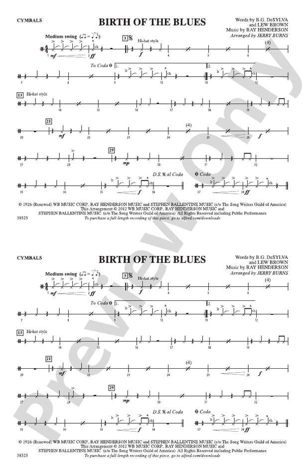 Birth of the Blues: Cymbals: Cymbals Part - Digital Sheet Music Download