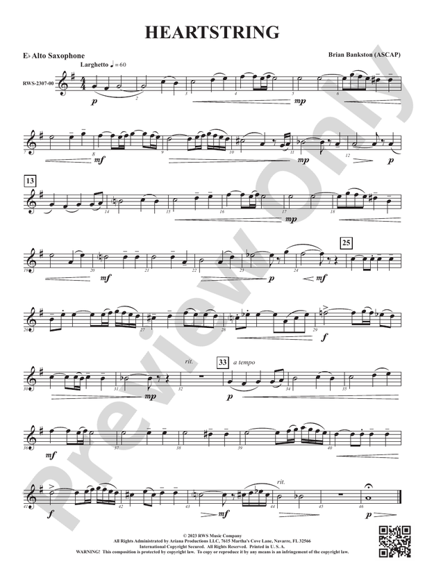 Heartstring: 1st E-flat Alto Saxophone: 1st E-flat Alto Saxophone Part: Brian Bankston - Digital ...