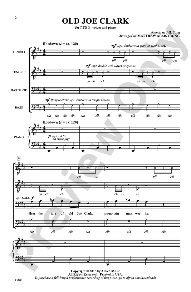 Old Joe Clark: TTBB Choral Octavo - Digital Sheet Music Download