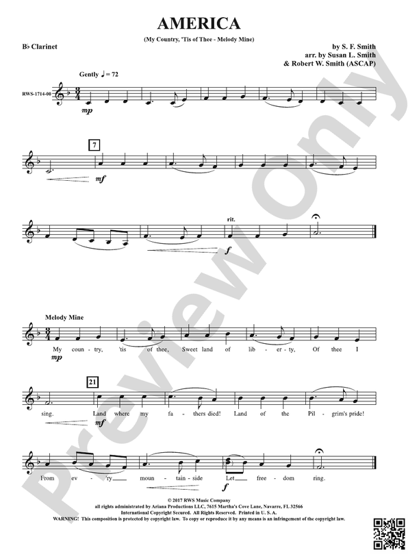 America: My Country 'Tis of Thee - Melody Mine: 1st B-flat Clarinet ...