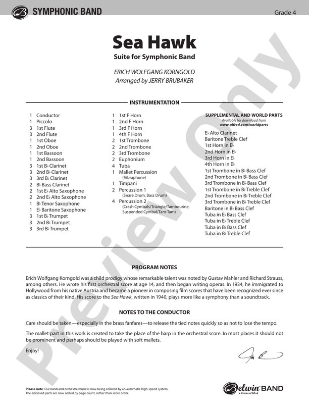 Sea Hawk: Concert Band Conductor Score & Parts: Erich Wolfgang Korngold ...