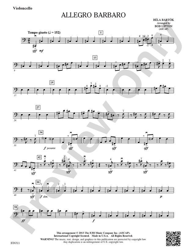Allegro Barbaro: Violoncello: Violoncello Part: Bela Bartok - Digital Sheet Music Download