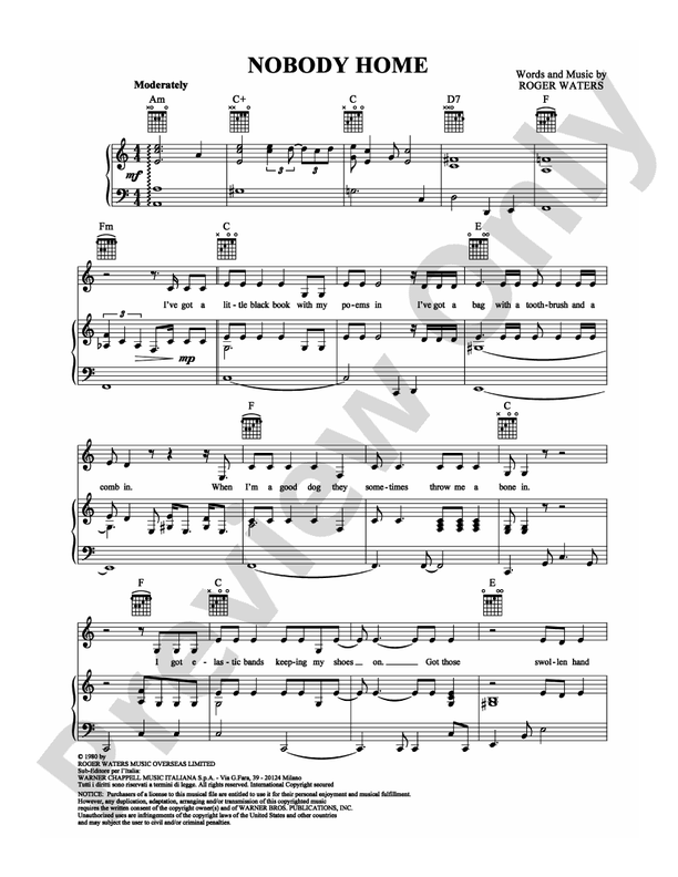 Nobody Home: Piano/Vocal/Chords: Pink Floyd - Digital Sheet Music Download