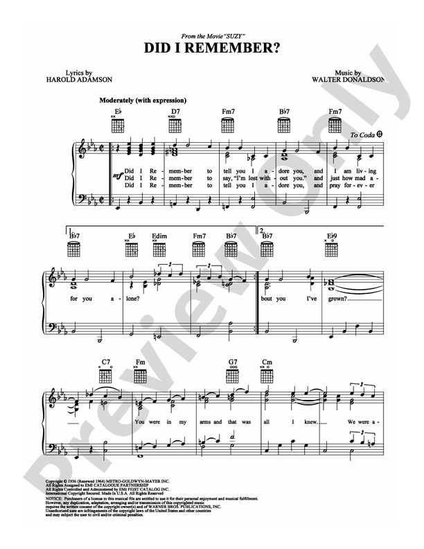 Did I Remember?: Piano/Vocal/Chords: Walter Donaldson - Digital Sheet Music Download